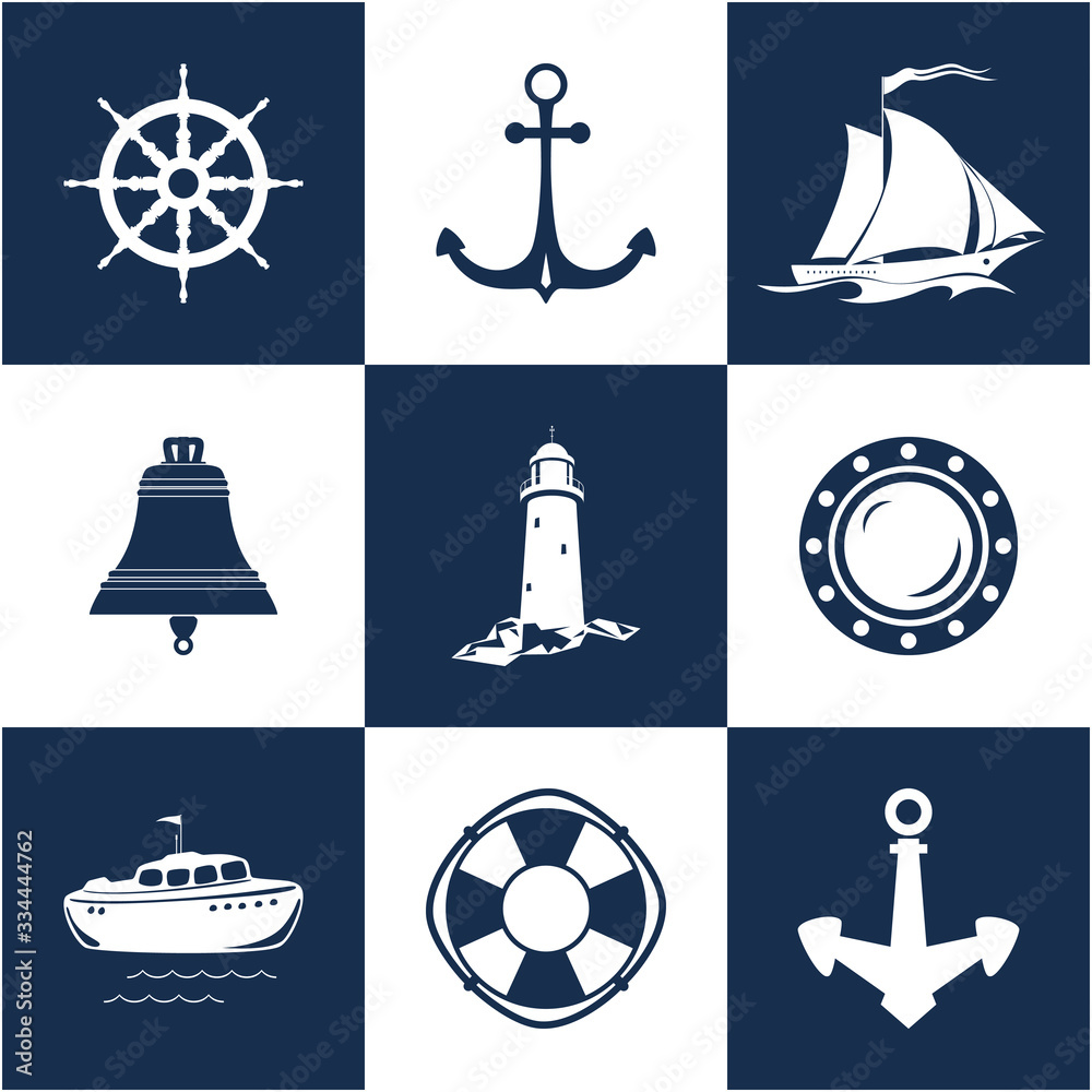 Set of blue and white marine tourism icons , sailing vessel and anchor ...