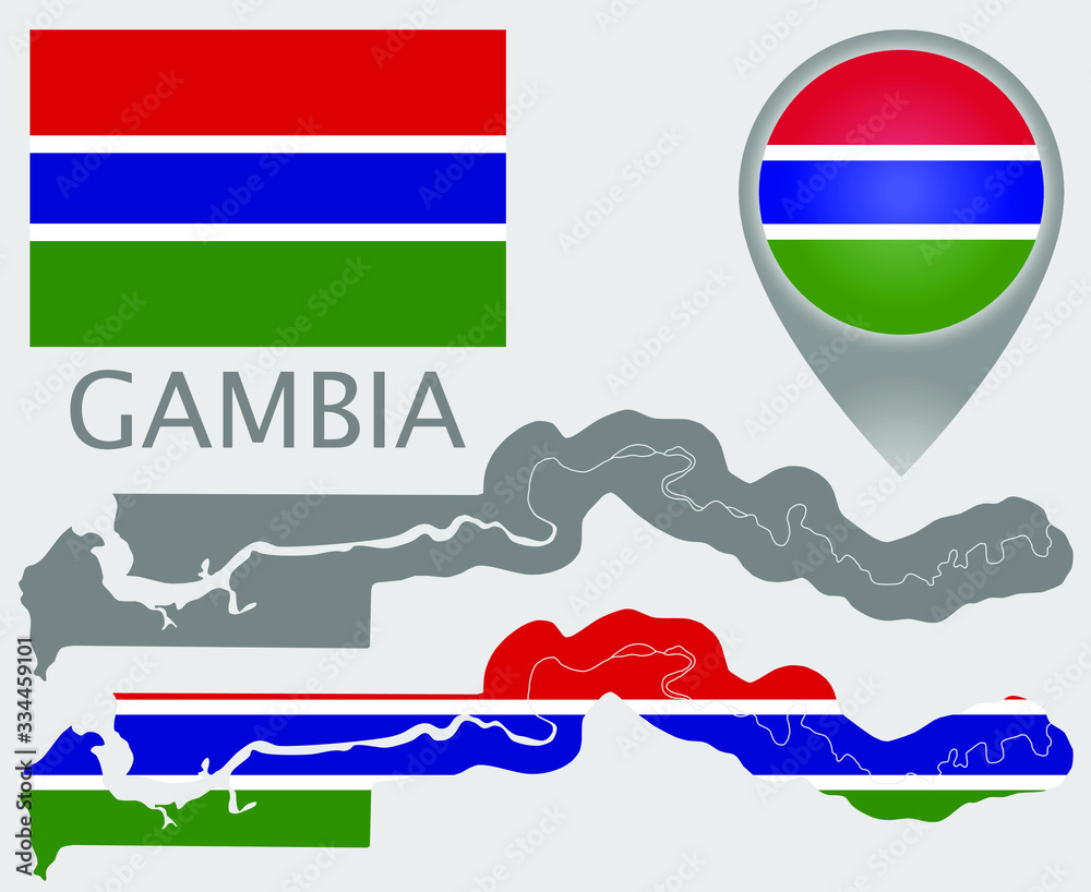 Colorful flag, map pointer, map of Gambia in the colors of the gambian flag and blank map. High ...