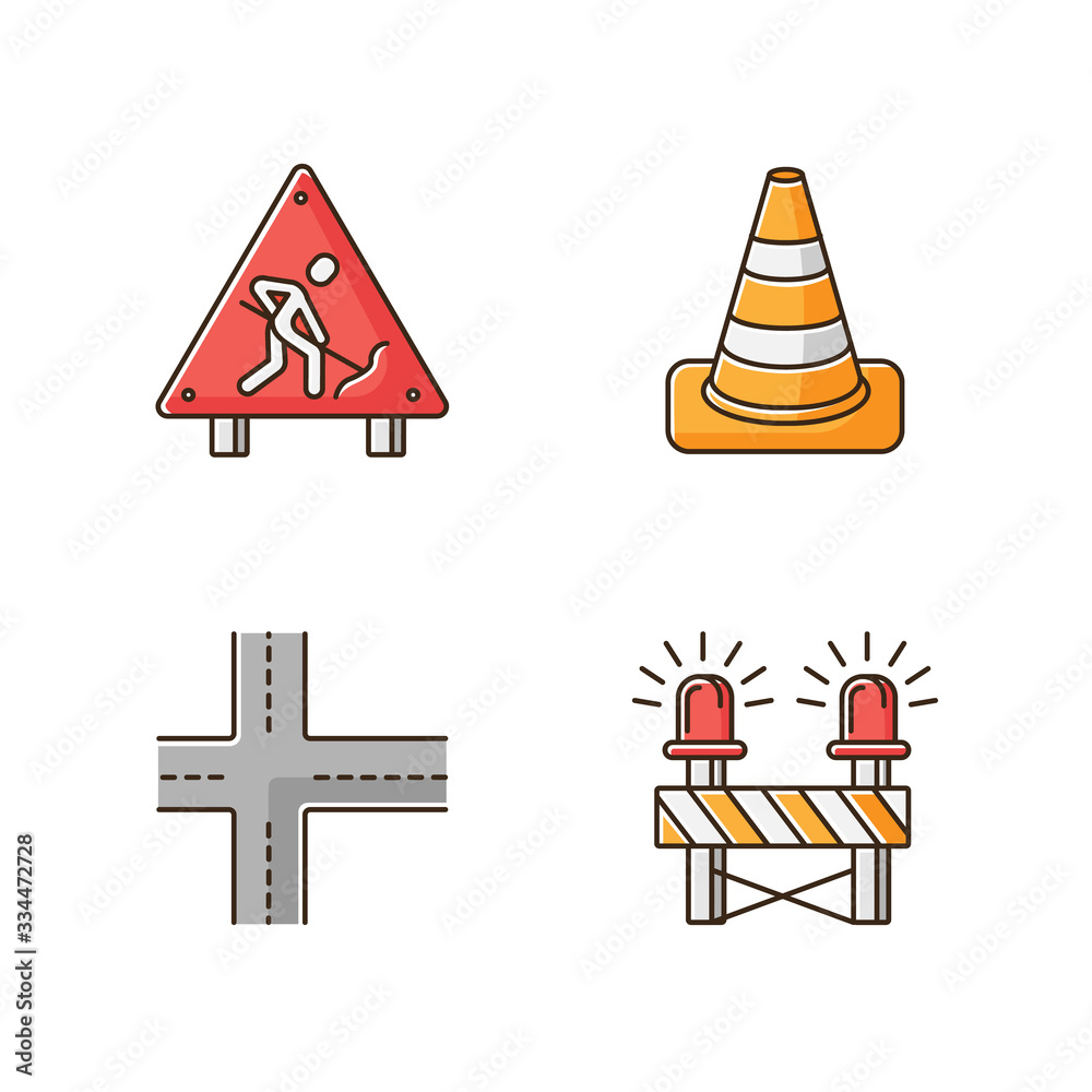 Road works RGB color icons set. Construction ahead sign. Traffic cone ...
