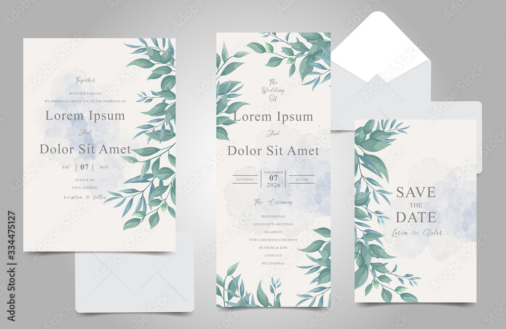 Editable wedding invitation card set template with Elegant Foliage ...
