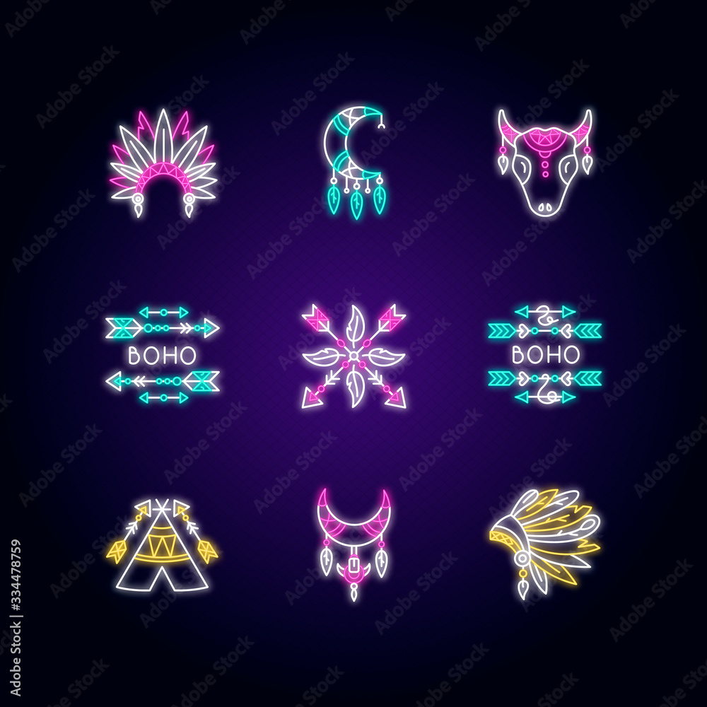 Native american accessories neon light icons set. Tribe chief hat and ...