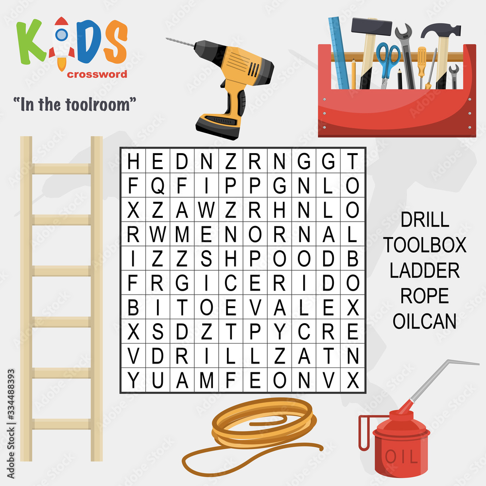 Vetor de Easy word search crossword puzzle 'At the toolroom', for ...