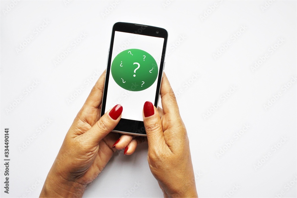 Woman hands holding smartphone looking question mark sign on screen ...