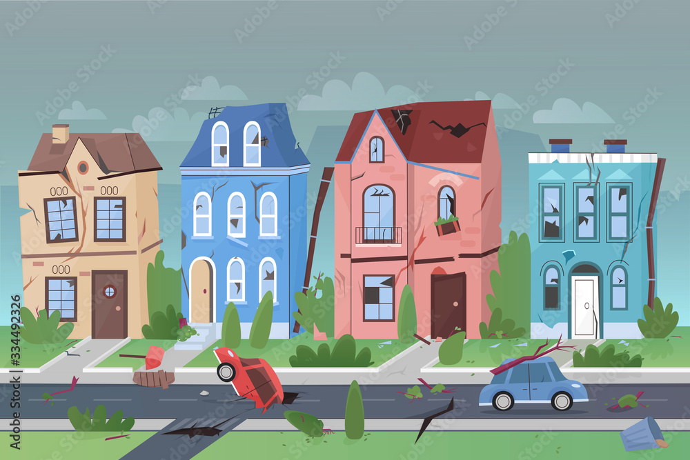 Earthquake nature disaster in small city flat cartoon vector ...