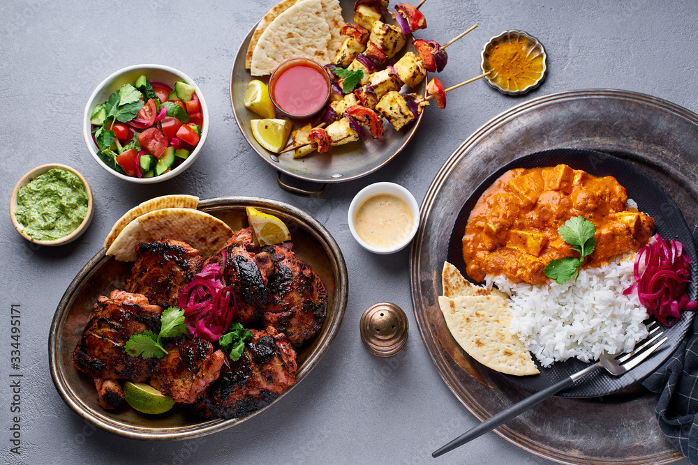 Indian food tandoori chicken, paneer tikka kebab, mint chutney and ...