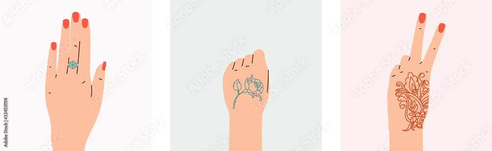 Woman's hand collection poster. Vector Illustration of female hands of ...