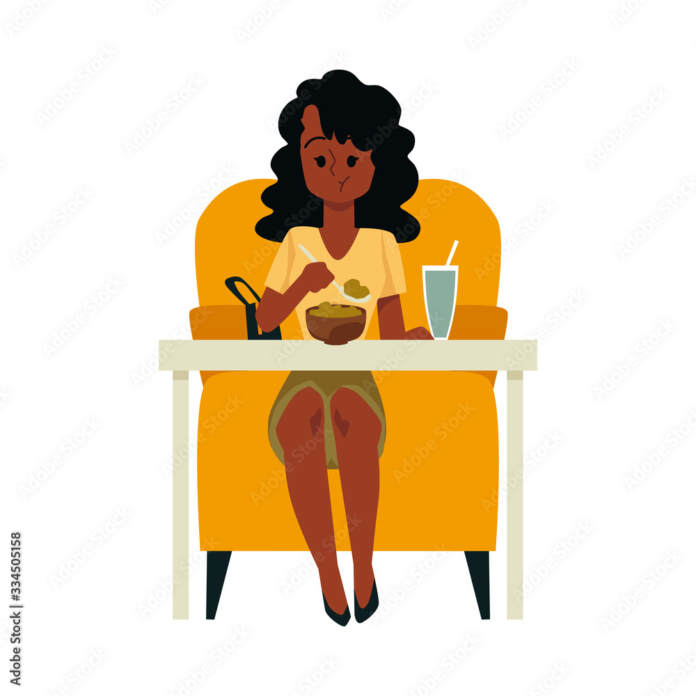 Black woman eating food sitting on chair and table, vector illustration ...
