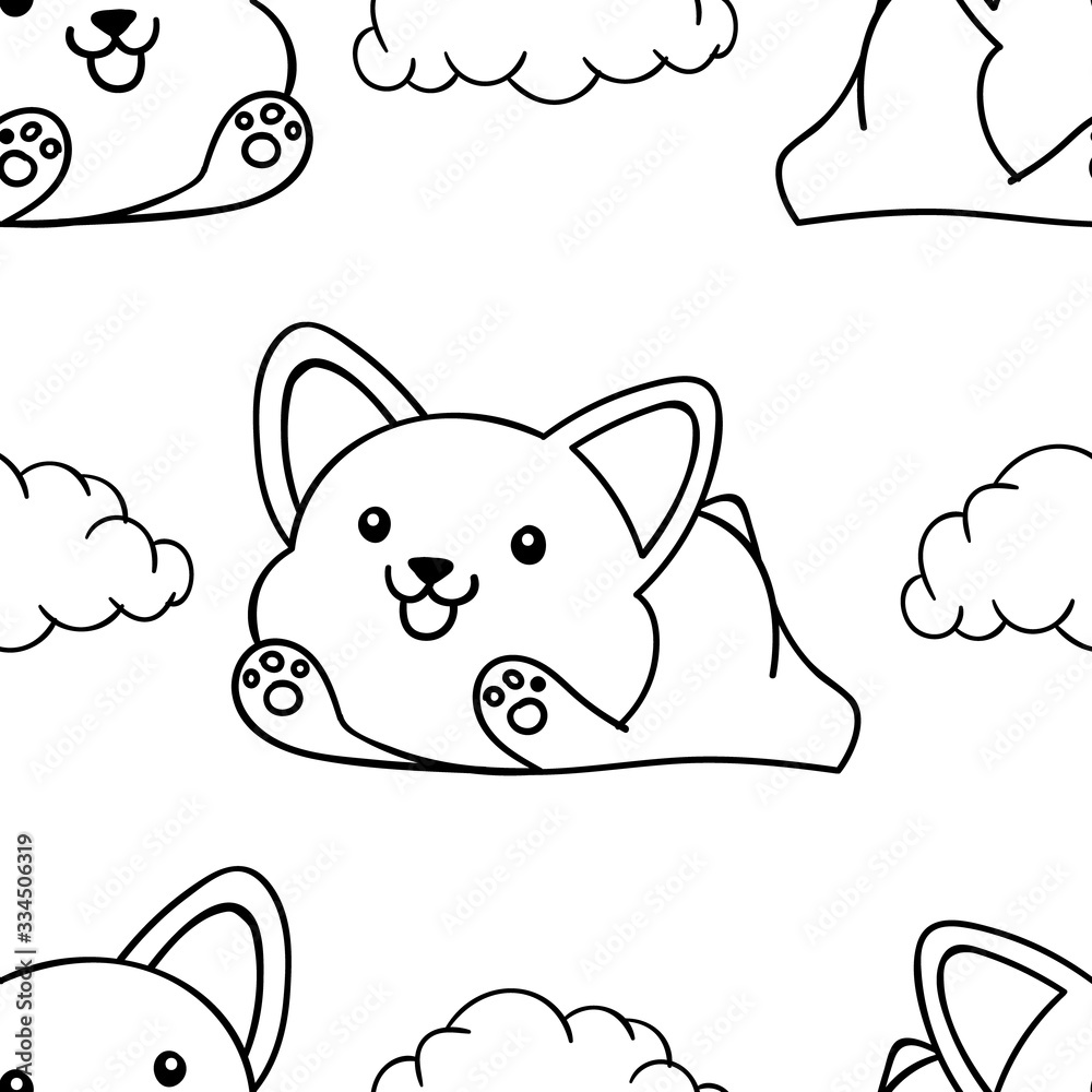 Simple seamless pattern, black and white cute kawaii hand drawn dog ...