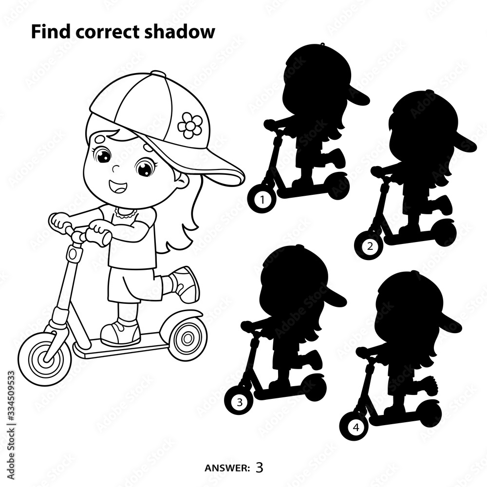 Puzzle Game for kids. Find correct shadow. Coloring Page Outline Of a ...