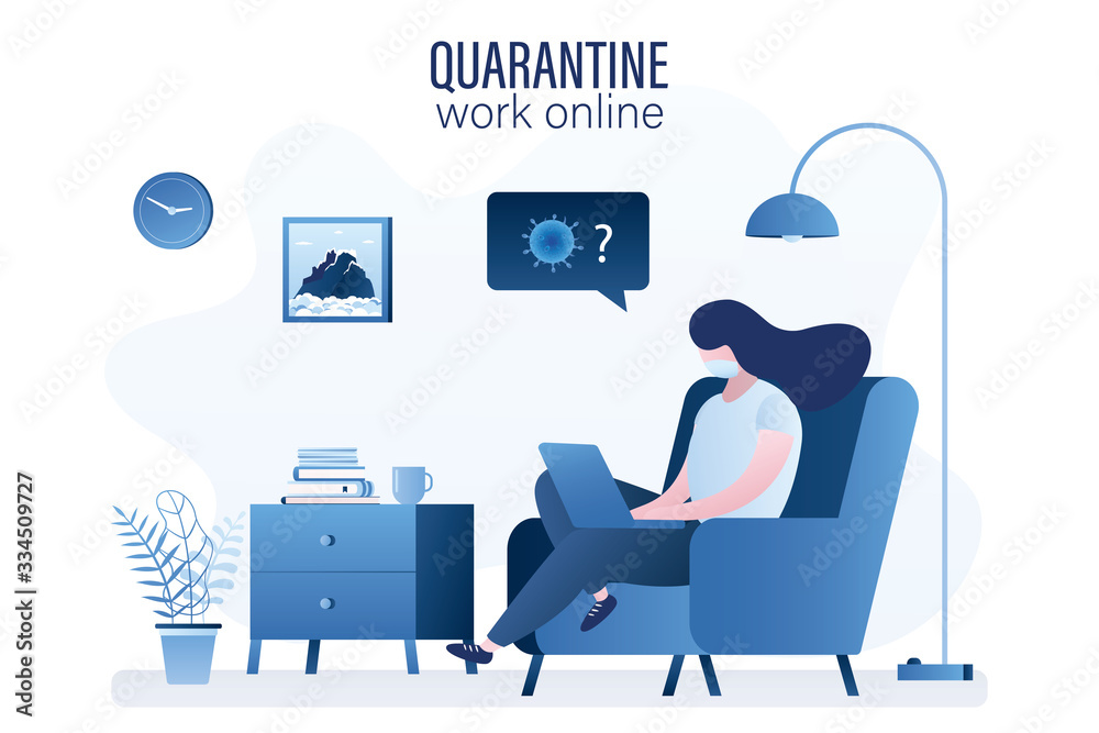 Quarantine banner template. Employee at home, freelance, online working ...