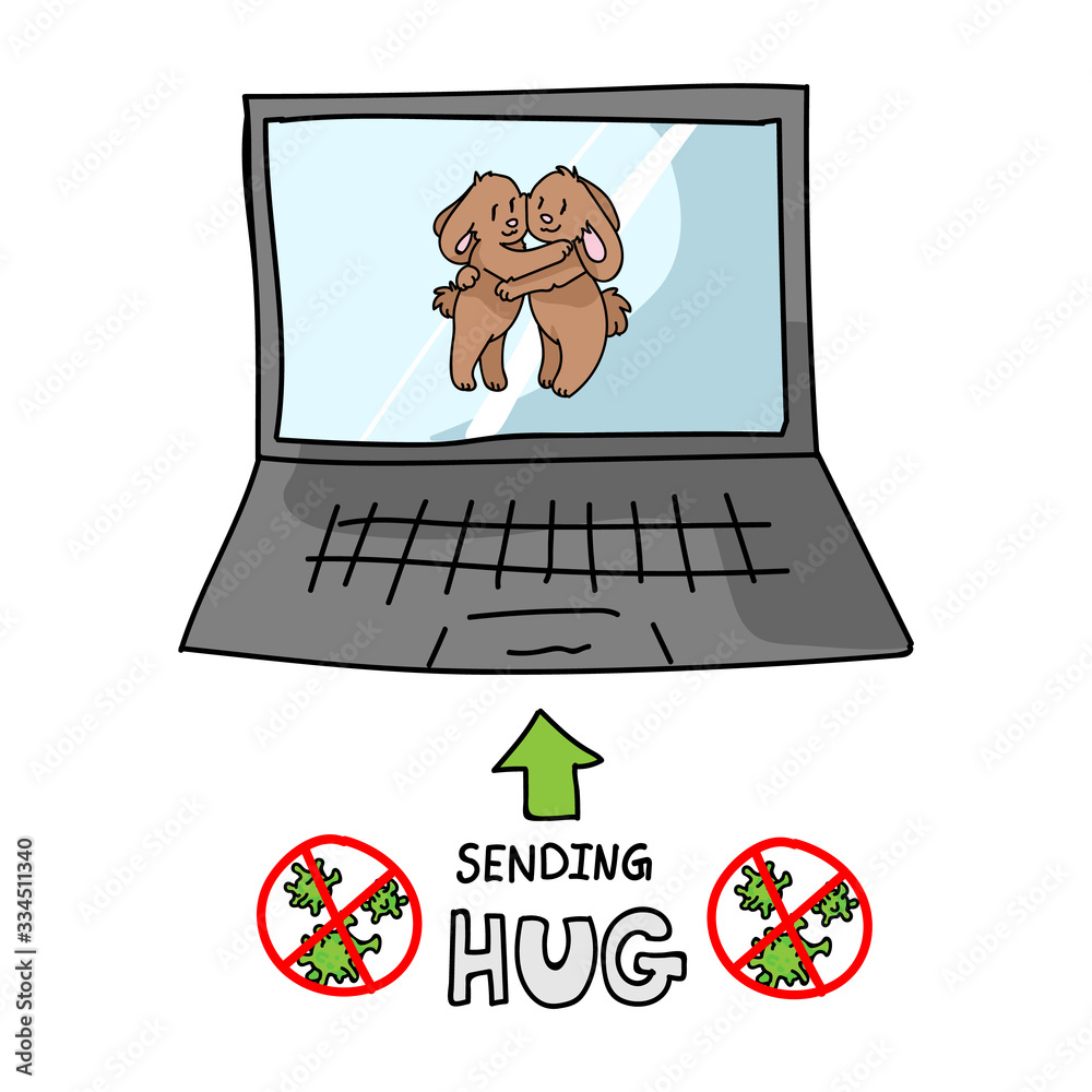 Sending virtual hug covid 19 crisis cute bunny on laptop. Defeat sars ...