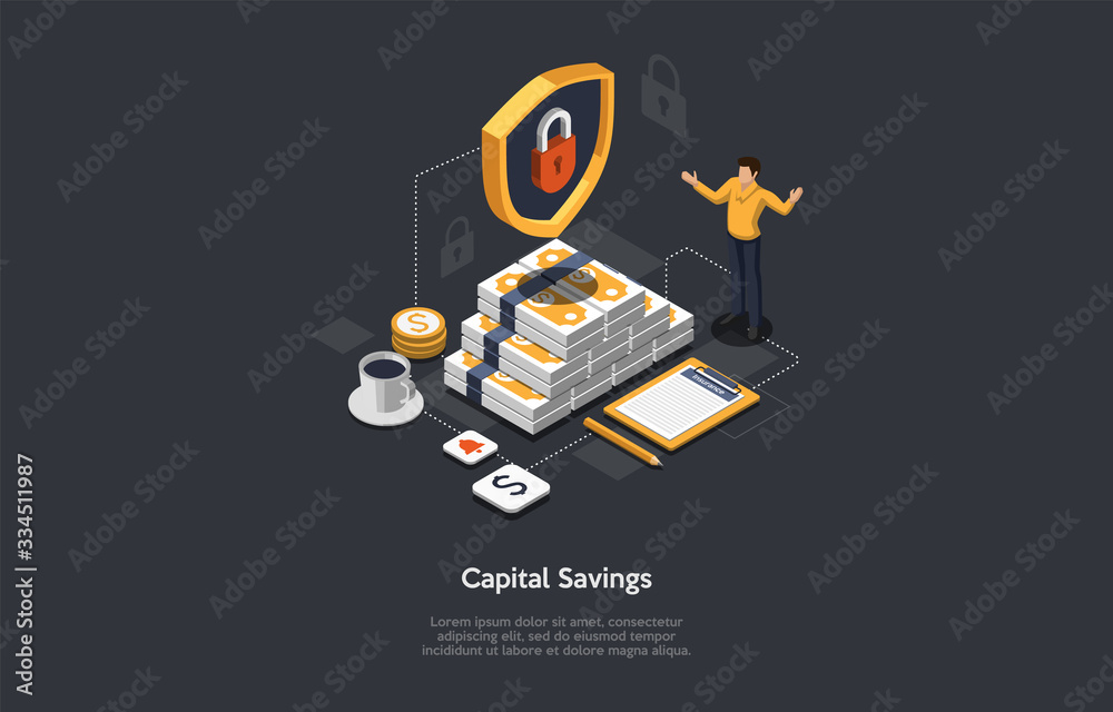 Isometric Capital Savings, Investment Concept. Businessman Is Building ...
