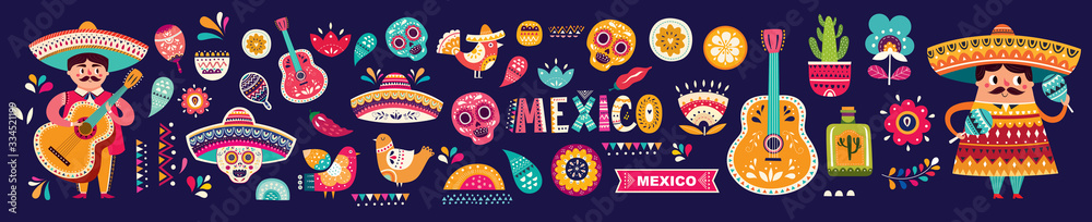 Big colorful ethnic collection with traditional Mexican symbols and ...