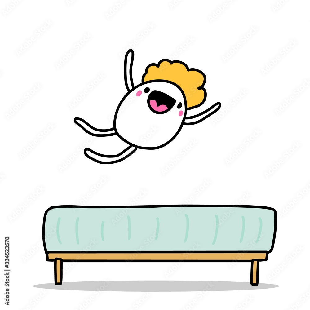 Mattress and man jumping on hand drawn vector illustration in cartoon ...