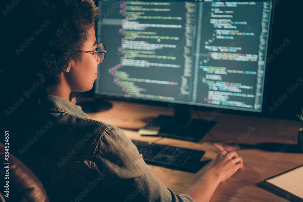 Back Behind View Photo Of Dark Skin Programmer Lady Look Big Monitor Check Id Address Work