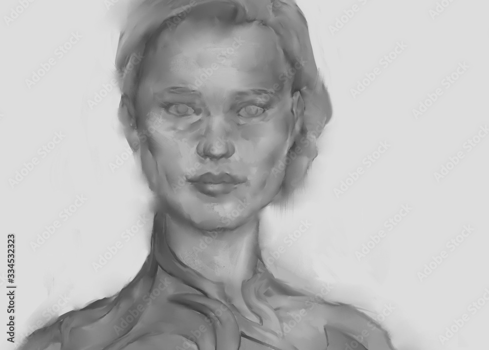Grayscale realistic portrait of a young beautiful woman character with ...