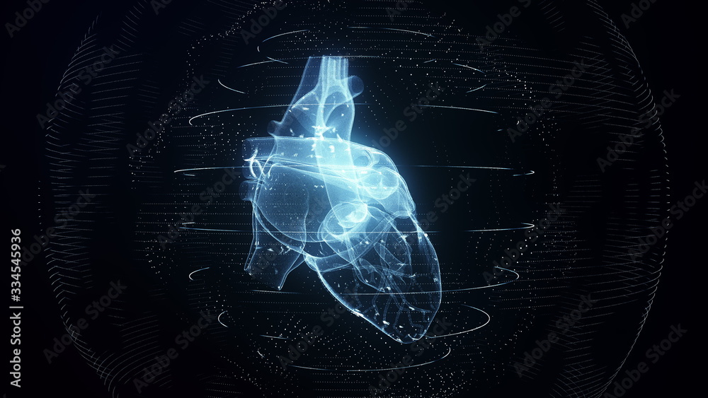 Anatomically correct blue digital human heart. Futuristic particle ...