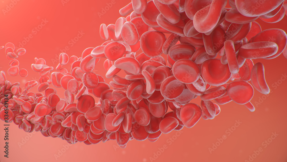 Red blood cells on a red background. Flow of blood in a living organism ...