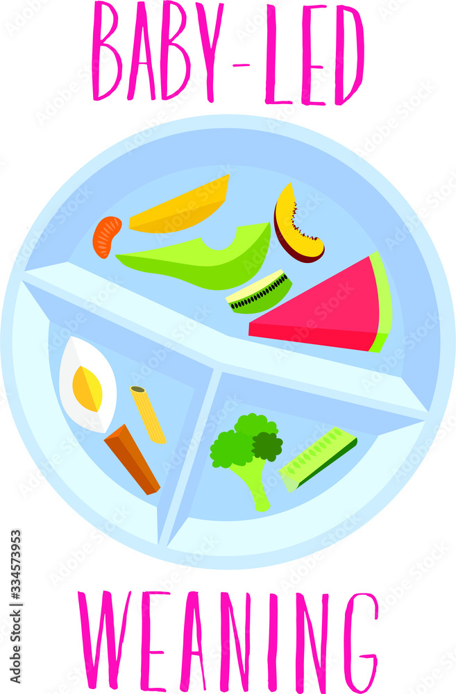 Baby-led weaning with hand drawn lettering poster. Plate with finger ...