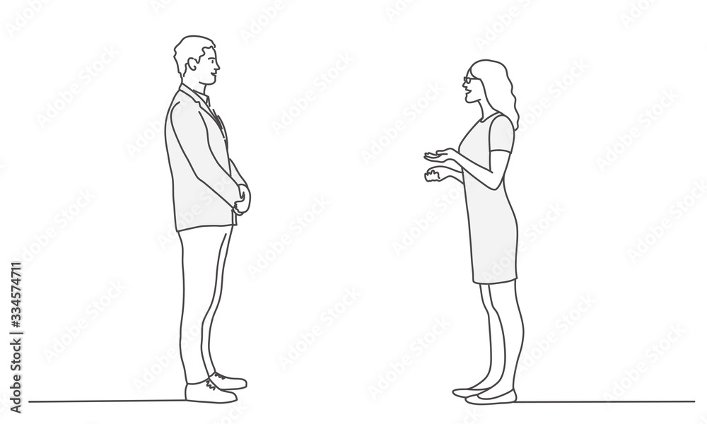 Man and woman standing and talking to each other. Business people. Line ...