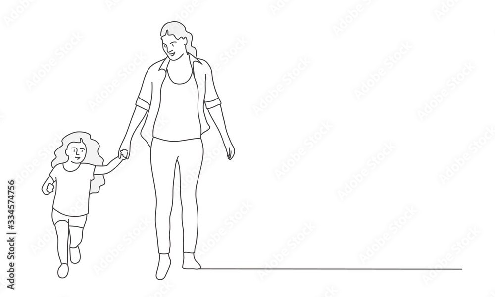Mother and daughter go holding hands. Line drawing vector illustration ...