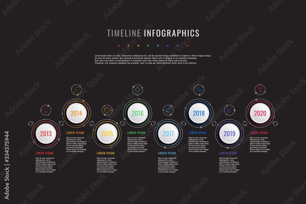 horizontal timeline infographic with white round elements, year ...