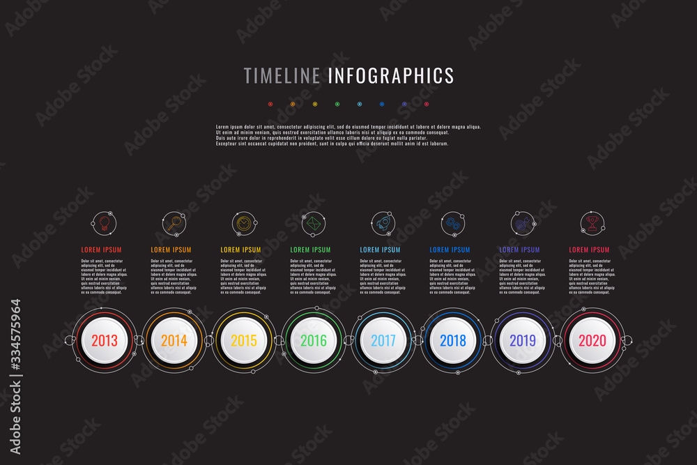 horizontal timeline infographic with white round elements, year ...
