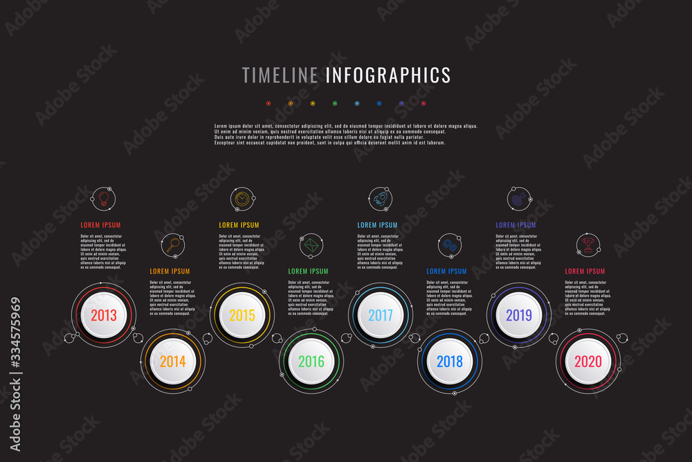 horizontal timeline infographic with white round elements, year ...
