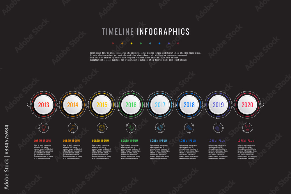 horizontal timeline infographic with white round elements, year ...