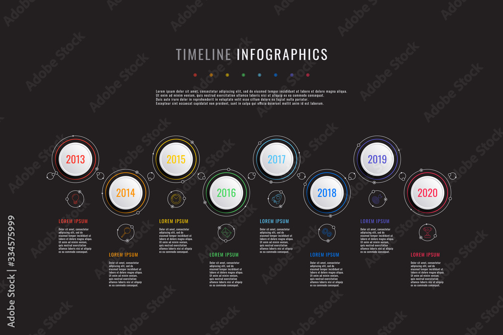 horizontal timeline infographic with white round elements, year ...
