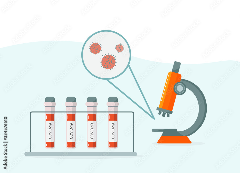 Coronavirus COVID-19. Laboratory test tubes with sample, microscope and ...