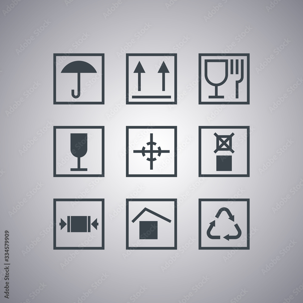 Marking of containers and packaging in a square frame. Set of icons in ...