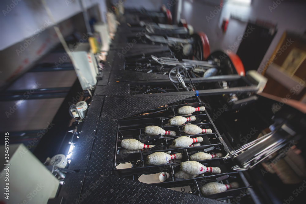 Bowling pinsetter machine, behind the bowling alley, pinspotter ...