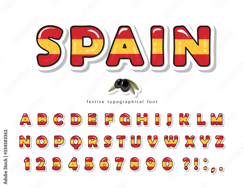 Spain cartoon font. Spanish national flag colors. Paper cutout glossy ...