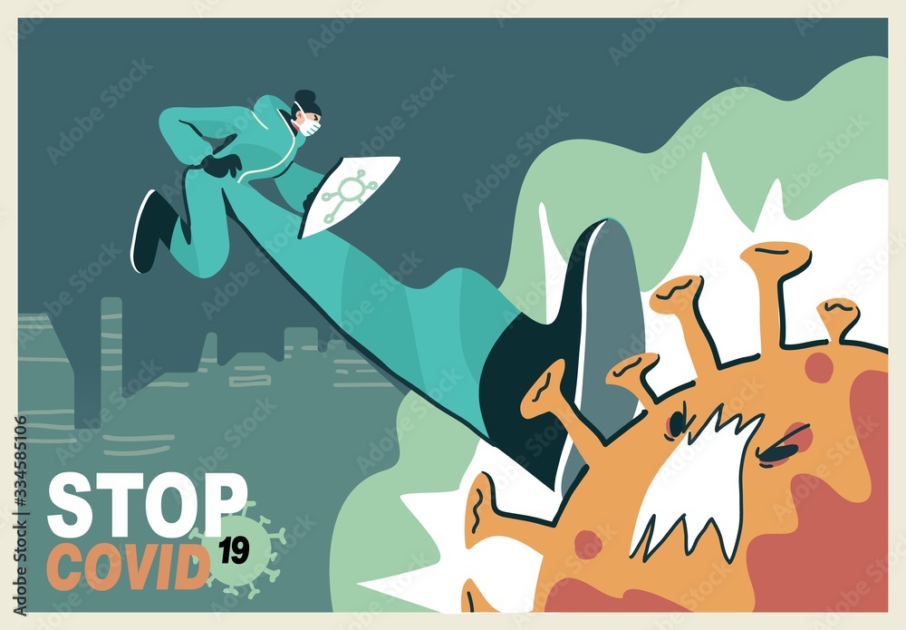 Fight with Coronavirus concept. Illustration of a doctor fighting with ...