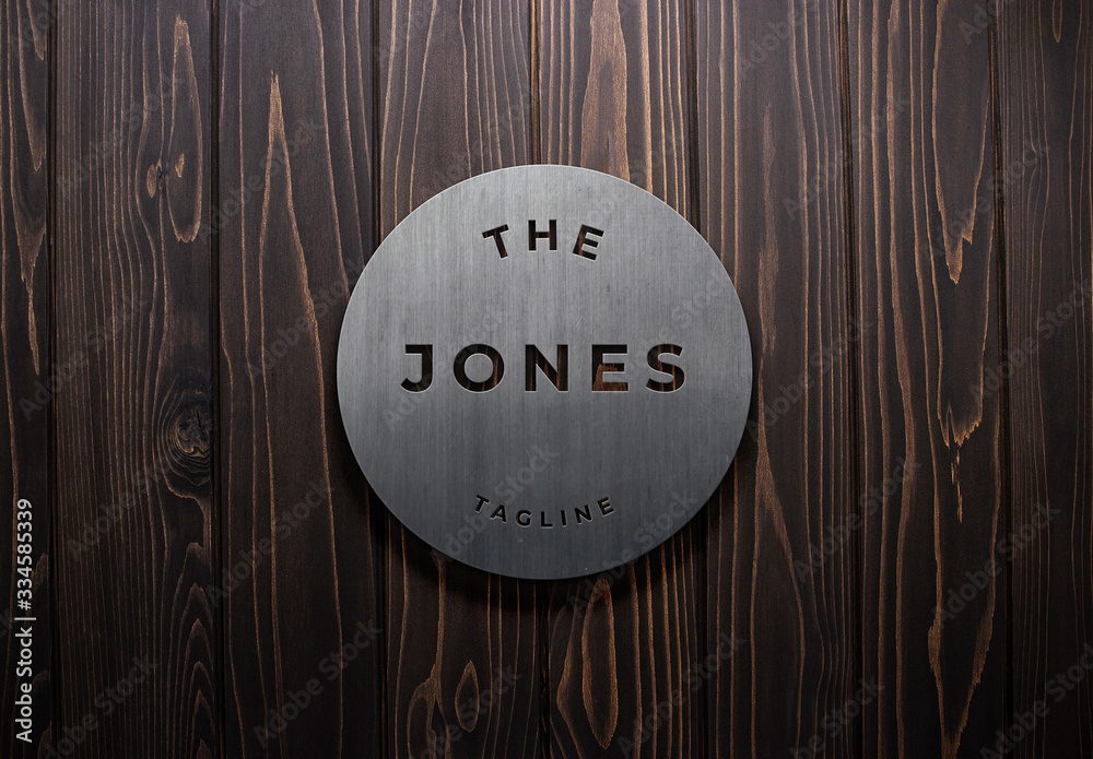 Metal Sign Logo Mockup on Dark Wooden Planks Stock Template | Adobe Stock