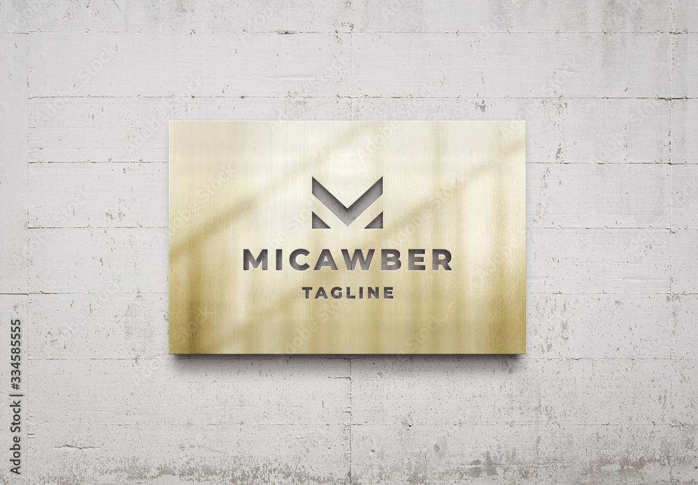 Gold Sign Logo Mockup on White Bricks Wall Stock Template | Adobe Stock