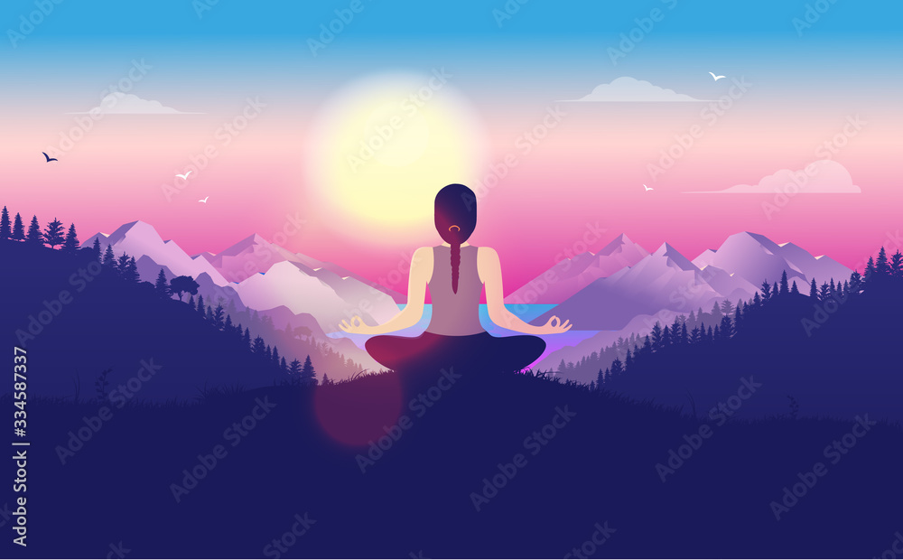 Meditation in nature view. Woman meditating in front of big bright sun ...