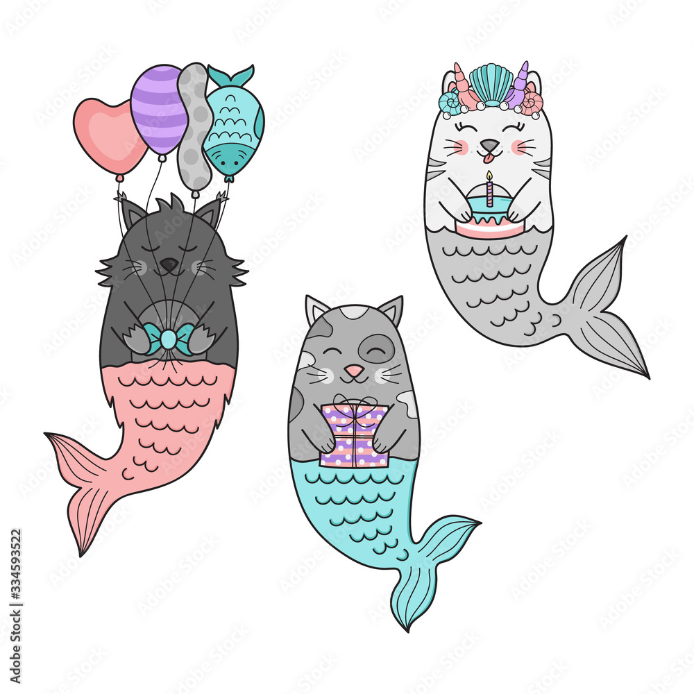 Cute mermaid cat vector illustration set. Hand drawn outlined birthday ...