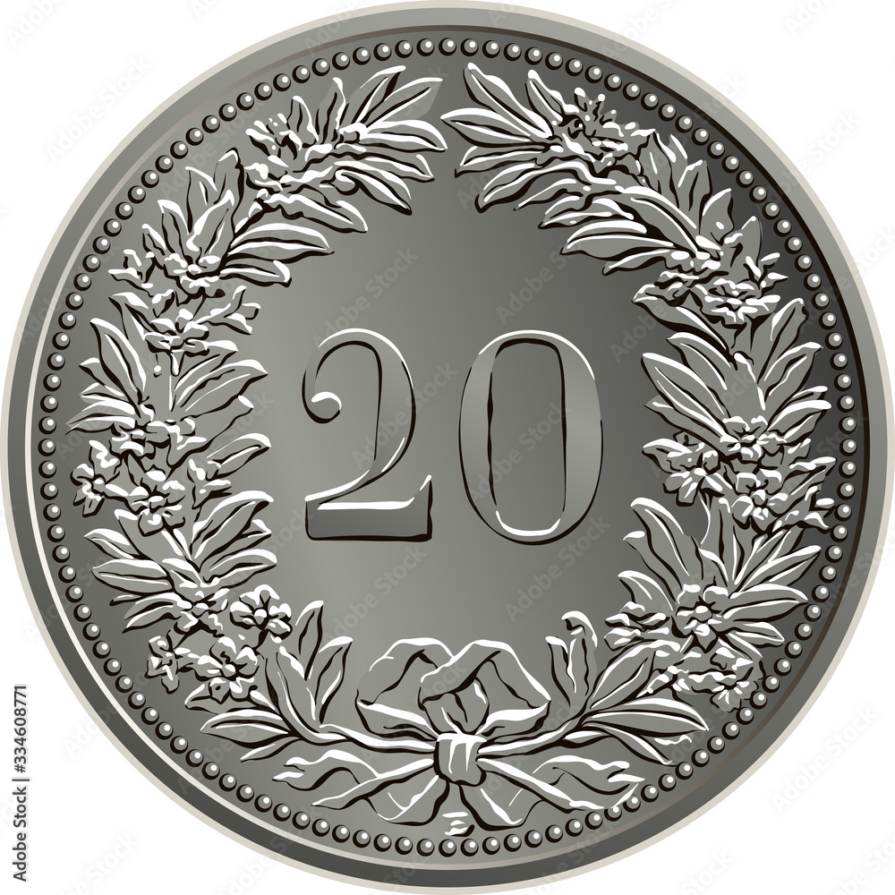 20 centimes coins of the Swiss franc minted reverse with Helvetia shown ...
