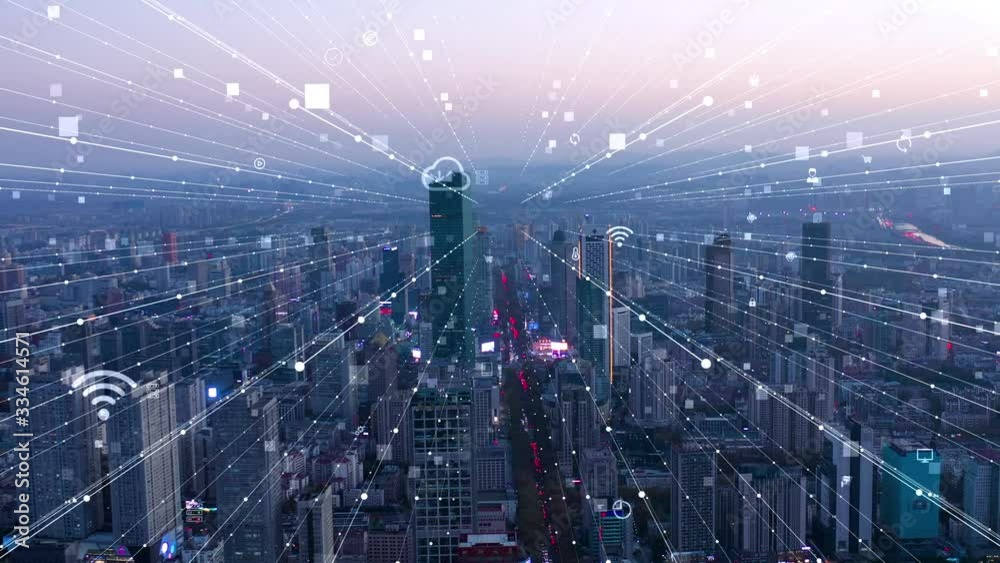 smart Connected city skyline. Futuristic network concept, city ...