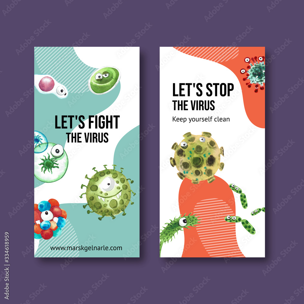 Flyer design with cartoon virus watercolor painting of bacteria ...
