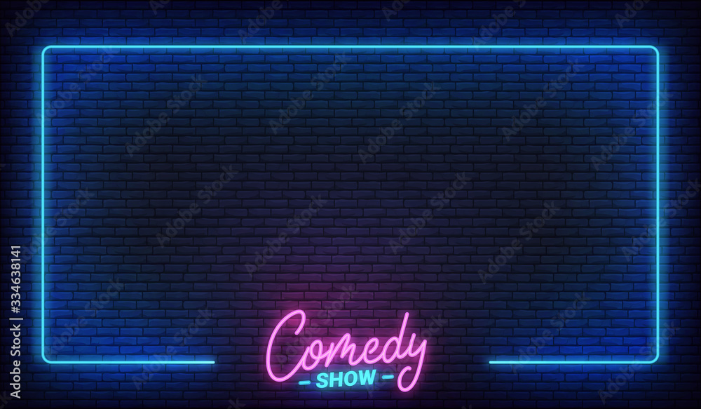 Comedy show neon template. Comedy lettering and glowing neon border ...