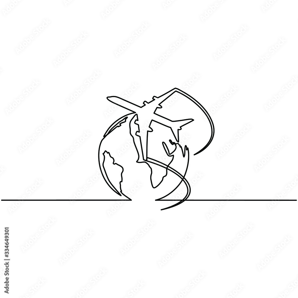 Continuous line drawing of airplane flying around the world. Business ...