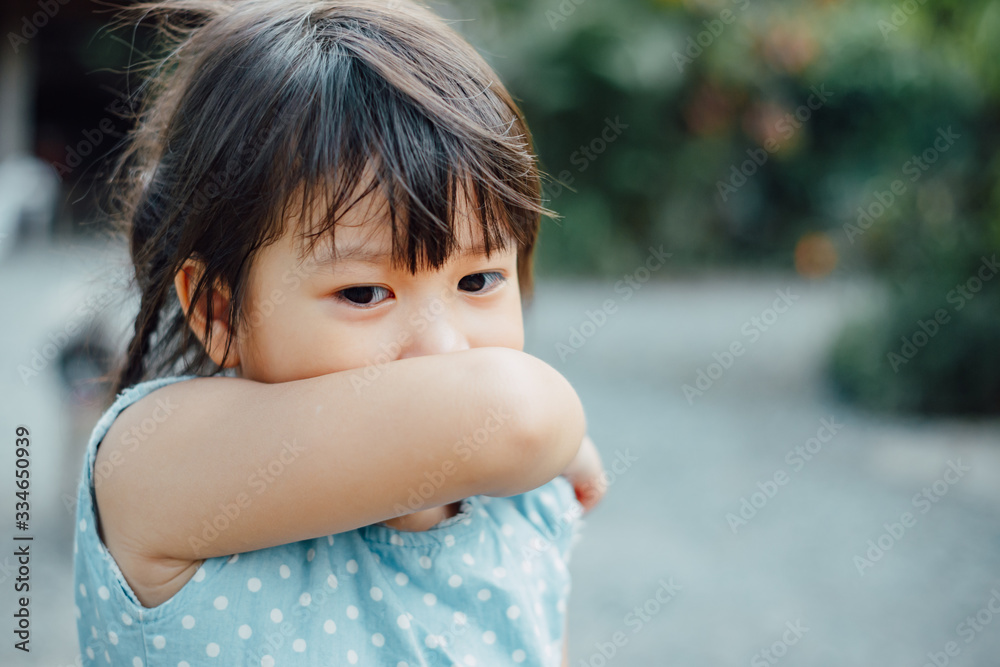 Kids in posture of elbow cough which is correct sneezing. Picture with ...