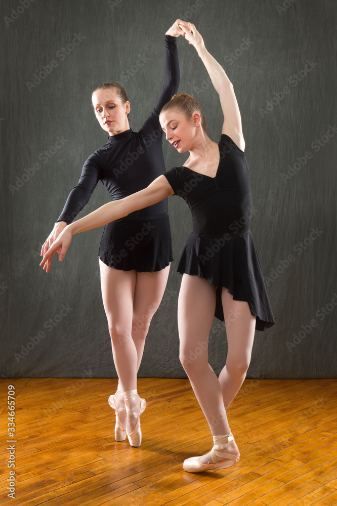 Two young woman ballet dancers in a studio photo session. Stock Photo ...