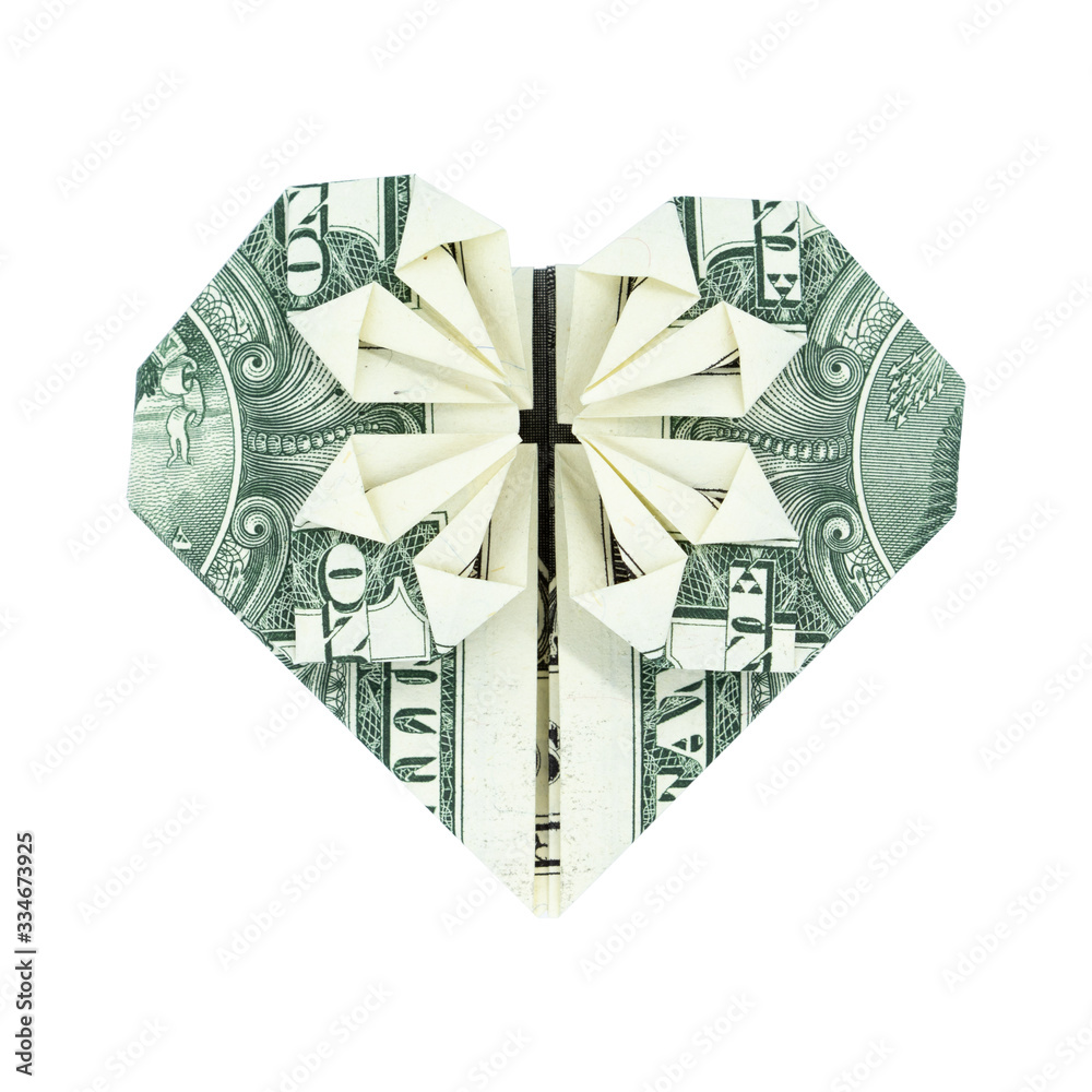 Close-up of origami heart of banknote. Origami made of a dollar bill ...