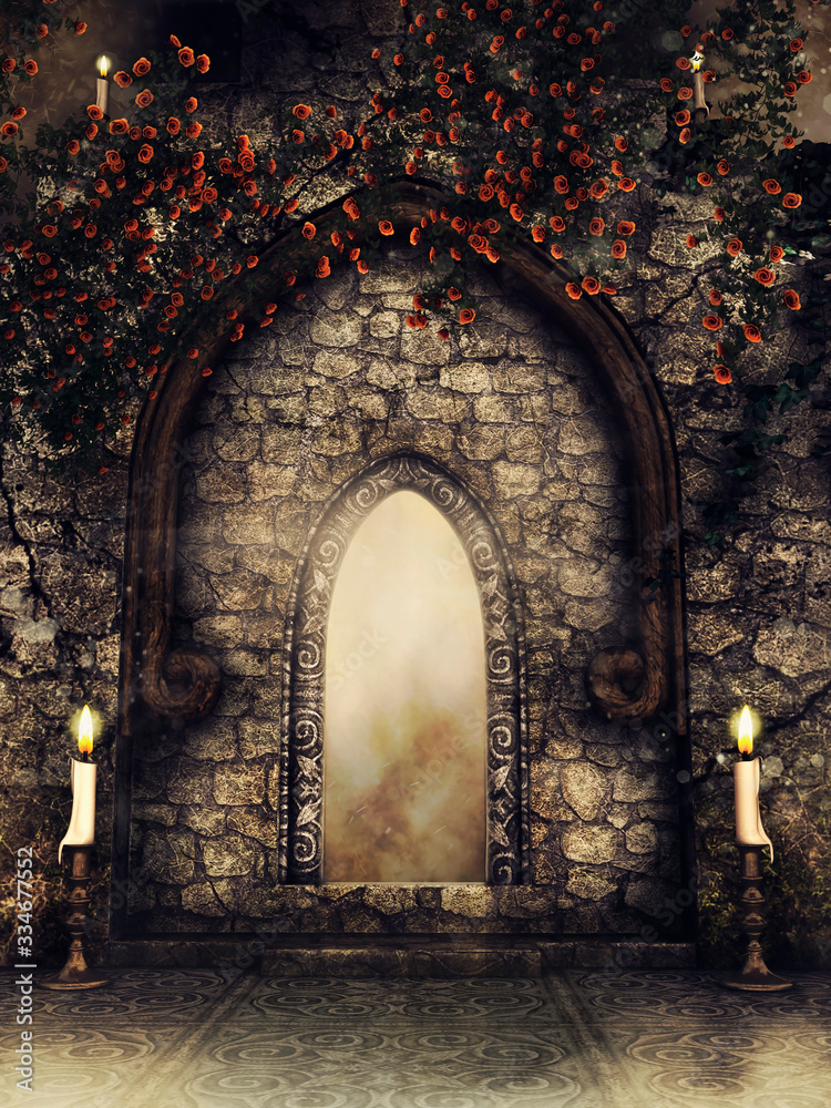 Gothic stone wall with red rose ivy and candles at night. 3D render ...