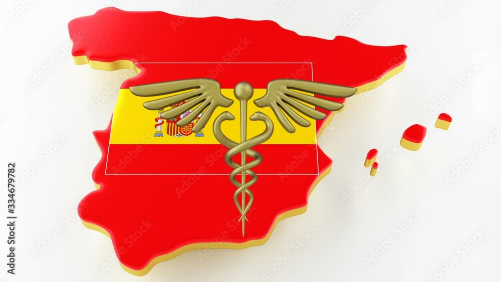 Caduceus sign with snakes on a medical star. Map of Spain land border ...