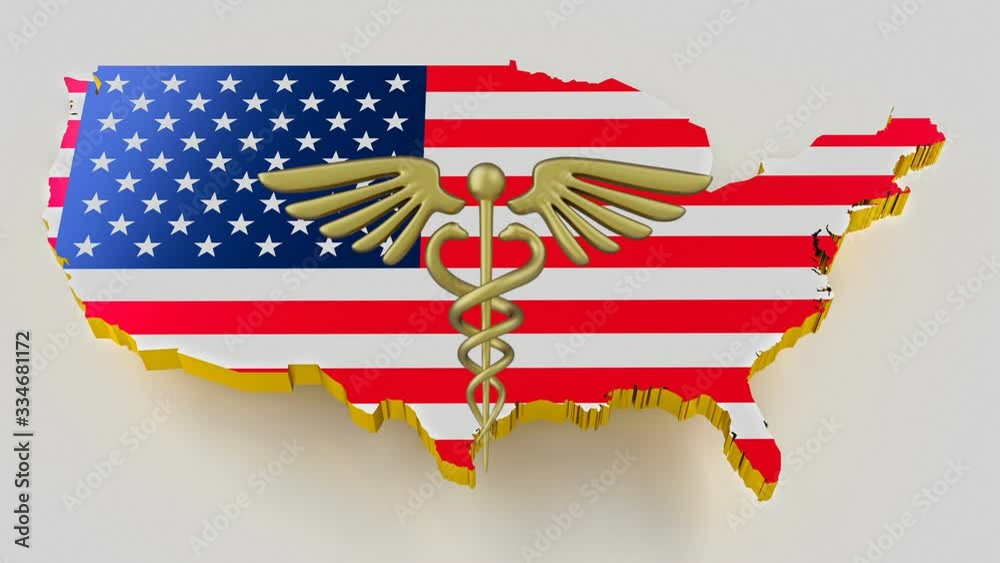 Caduceus sign with snakes on a medical star. Map of USA land border ...